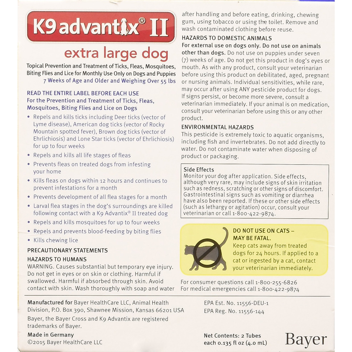 Bayer K9 Advantix II, Flea and Tick Control Treatment for Dogs, Over 55 Pound, 2-Month Supply