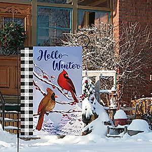 Hello Winter Garden Flag 12x18 Double Sided, Burlap Farmhouse Buffalo Plaid Small Cardinal Snow Garden Yard Flags for Winter Seasonal Outside Outdoor House Holiday Decor (ONLY FLAG)