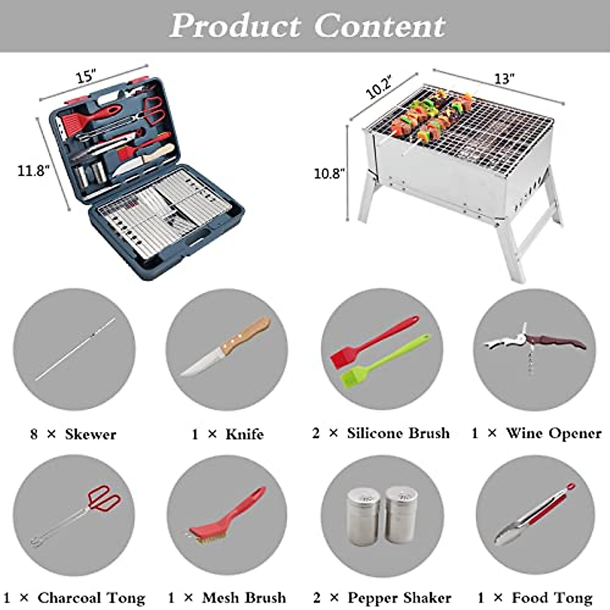 KINGBO Portable Charcoal BBQ Grill, Small Grill with Tools Set, 13.8" × 9.5" × 9.8" Foldable Mini Stainless Steel Grill for Outdoor Camping Picnic Beach Hiking Patio Backyard