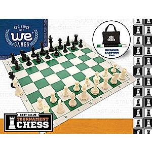 WE Games Best Value Tournament Chess Set w/ a Green Roll Up Vinyl Board, Plastic Pieces & Bag