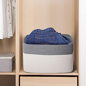 ANMINY Woven Cotton Rope Storage Baskets with Handles Large Washable Basket Decorative Storage Bins Boxes Nursery Baby Kid Toy Blanket Clothes Towel Laundry Organizer Containers - White/Gray