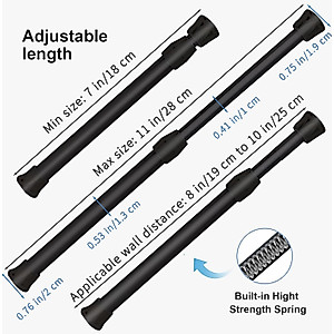 6Pcs Small Tension Rod, Goowin Tension Rod, No Drilling Rustproof Spring Adjustable Mini Tension Curtain Rod for Closet, Cupboard, Wardrobe, Bookshelf, Black (7-11 inch)