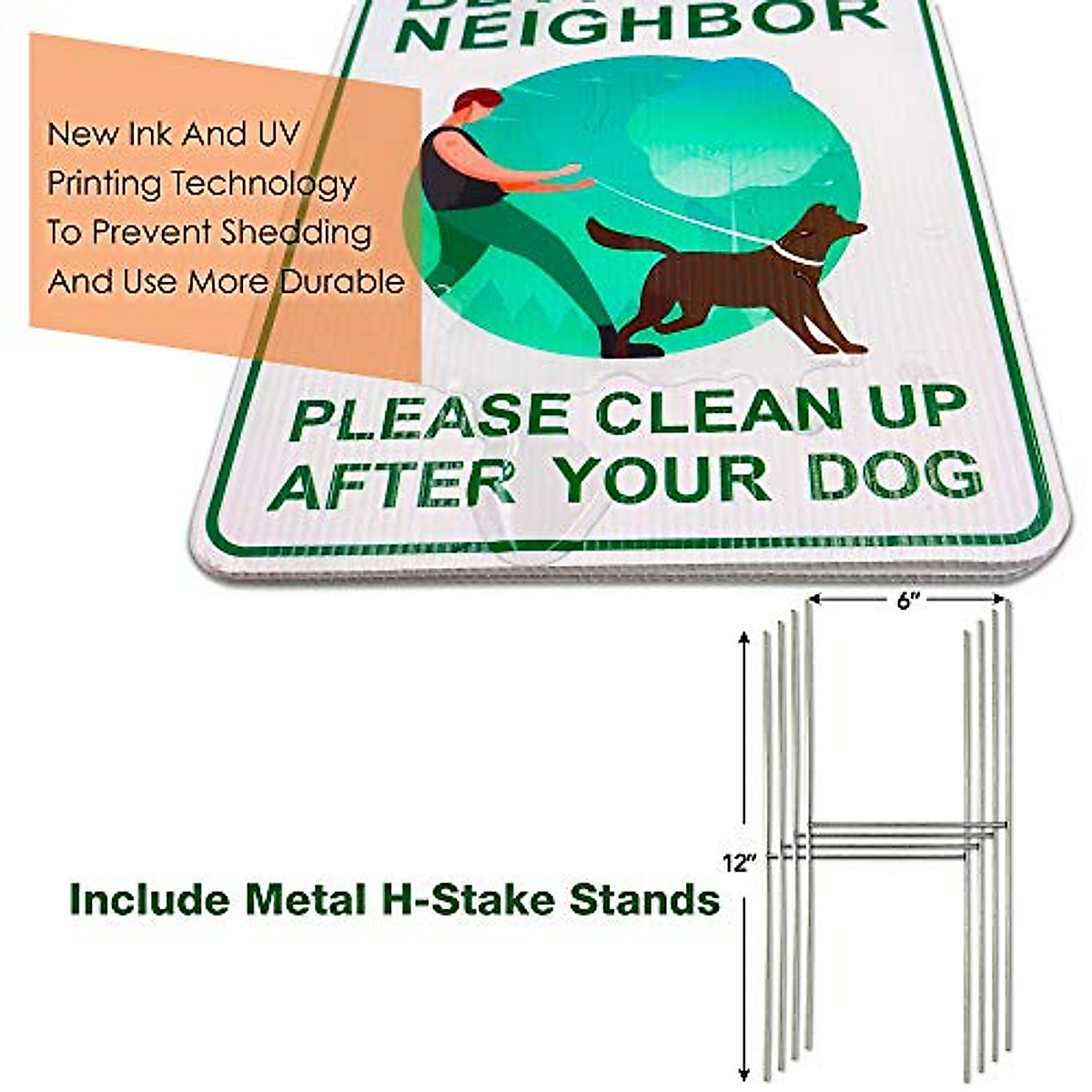 Clean Up After Your Dog Signs (4 Pack, 9 x 12") With Metal H-Stakes, Double Sided,No Dog Poop Lawn Signs,Outdoor & Sturdy