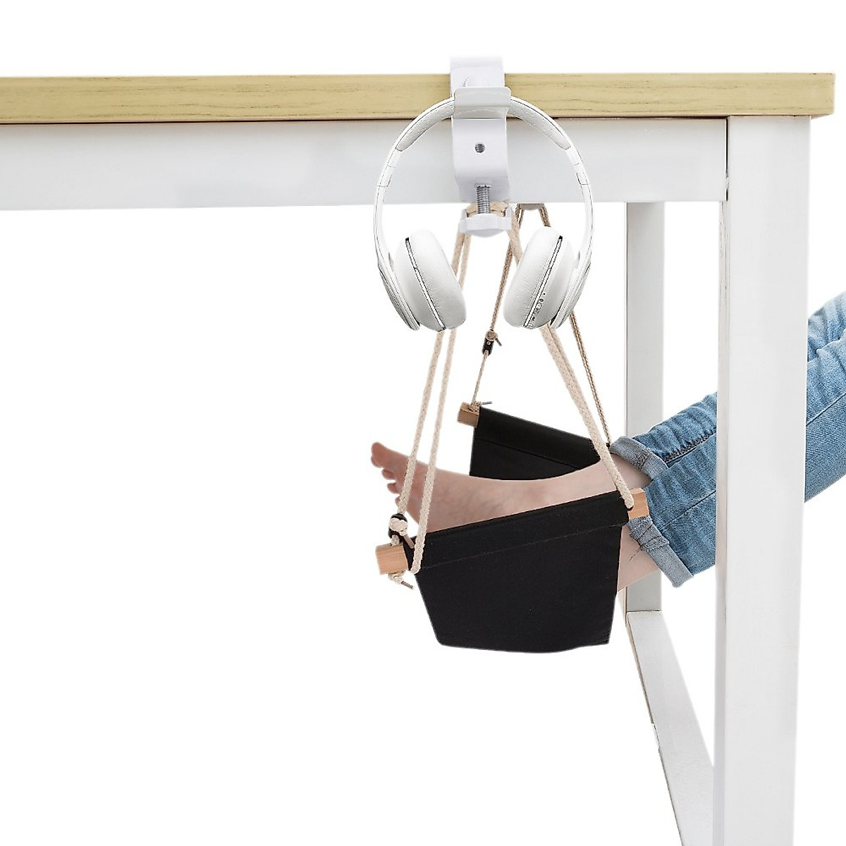 Foot Hammock Under Desk Footrest | Adjustable Office Foot Rest Under Desk Hammock | Portable Desk Feet Hammock with Headphones Holder - Black