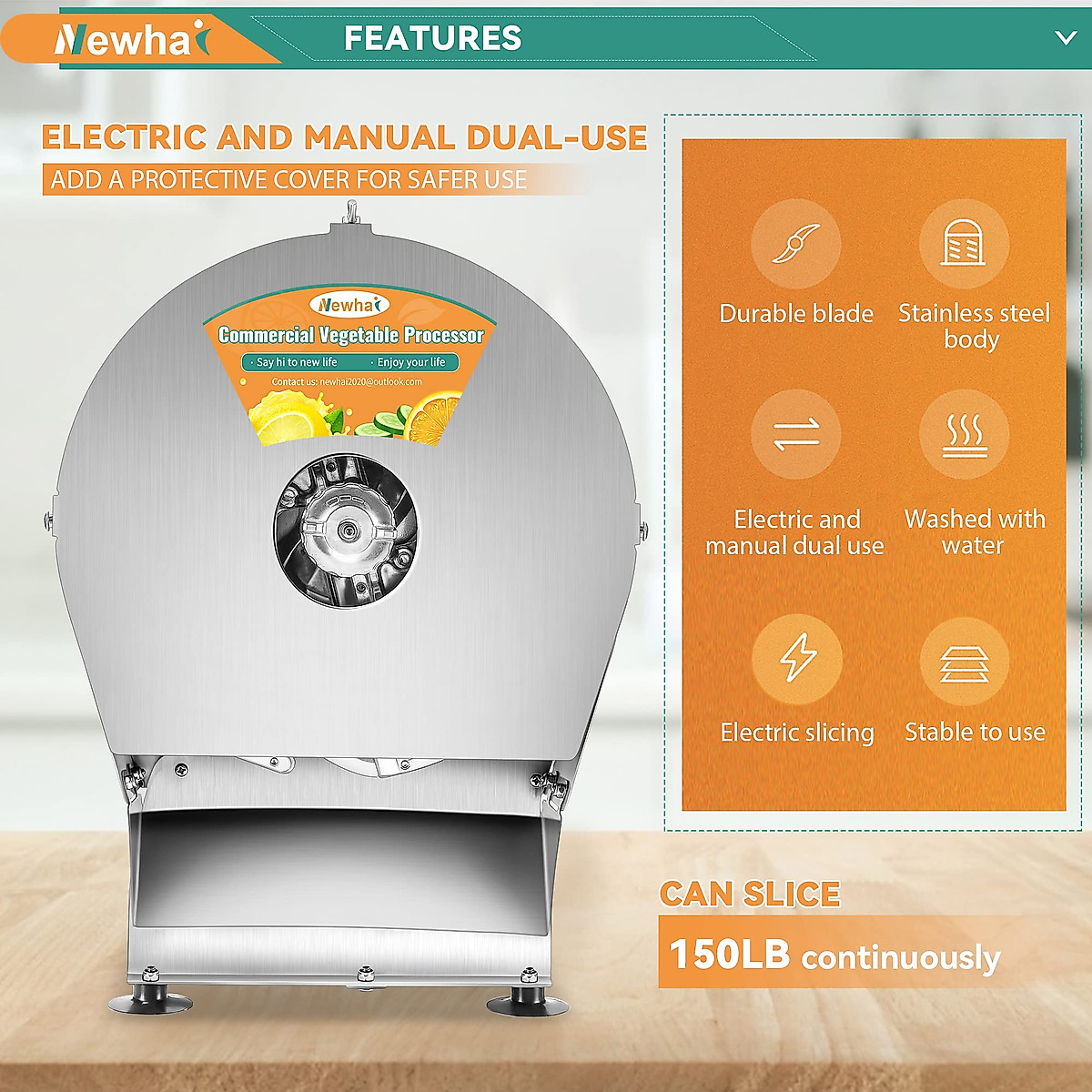 Newhai Commercial Vegetable Slicer Electric Potato Slicing Machine Sweet Potato Slicer Automatic Fruit Slicer 0-10mm (0-0.4’’) Stainless Steel for Cabbage Onion Tomato (110V US Plug)