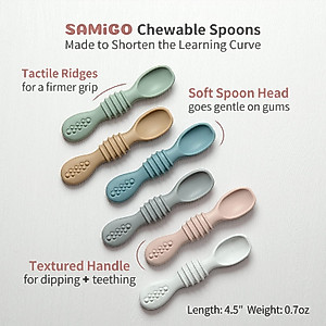SAMiGO Silicone Baby Utensils - Self Feeding Spoons and Tiny Training Cup - First Stage Baby Led Weaning Supplies for 6 Months+ Infants - Set of 4