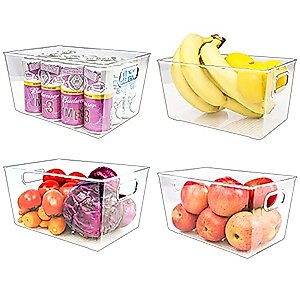 Puricon Set of 4 Refrigerator Organizer Bins, Clear Plastic Kitchen Organizer Food Storage Containers with Handles for Fridge Pantry Freeze Cabinets Countertops - BPA Free