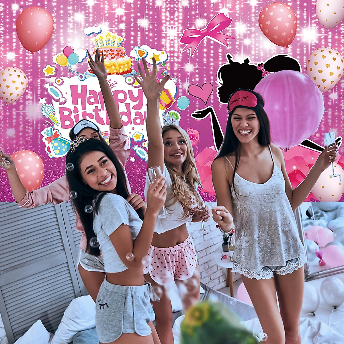 Princess Birthday Party Backdrop Photography Background Pink Party Banner for Girl Birthday Party Baby Shower Cake Table Decorations Happy Birthday Banner,71x45 inch