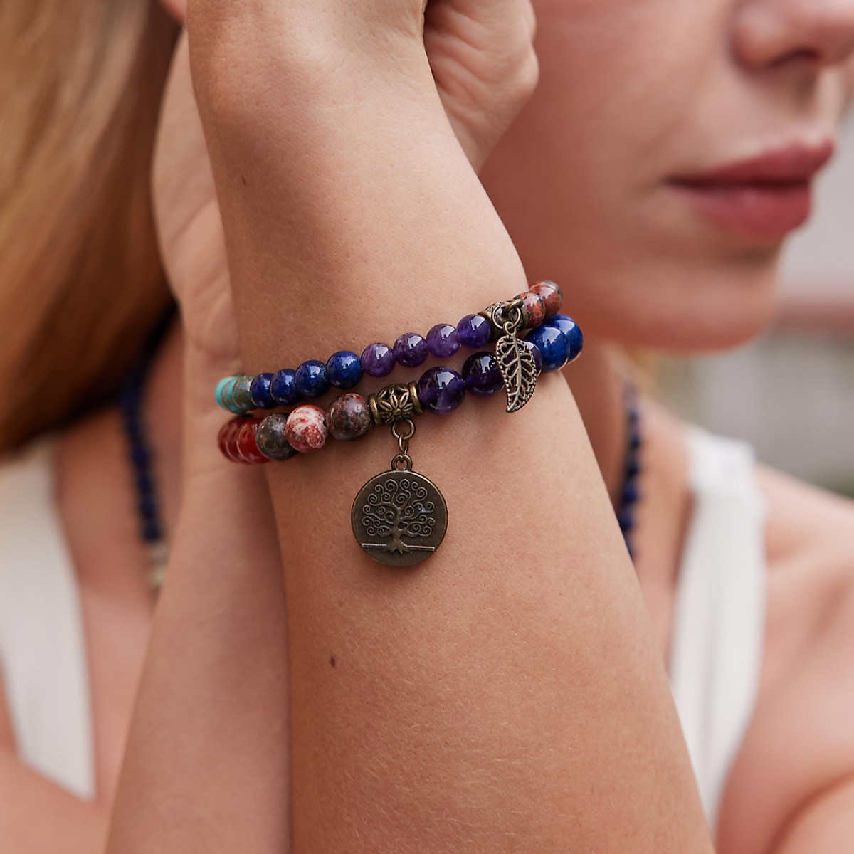 Bivei Natural Semi Precious Gemstone Beads Bracelet for Women - Life Tree and Leaf Charm Chakra Energy Healing Anxiety Stretch Bracelets(7 chakras Beads)