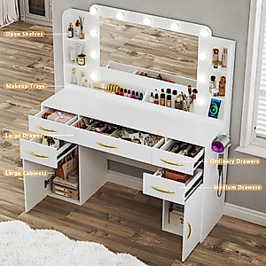 ALEXNUTRE Makeup Vanity Desk with Lights, Large Vanity Desk with Mirror and Lights in 3 Models, Vanity with Power Outlet, Vanity Desk with 5 Drawers, 2 Cabinets, Shelves, White Vanity for Bedroom