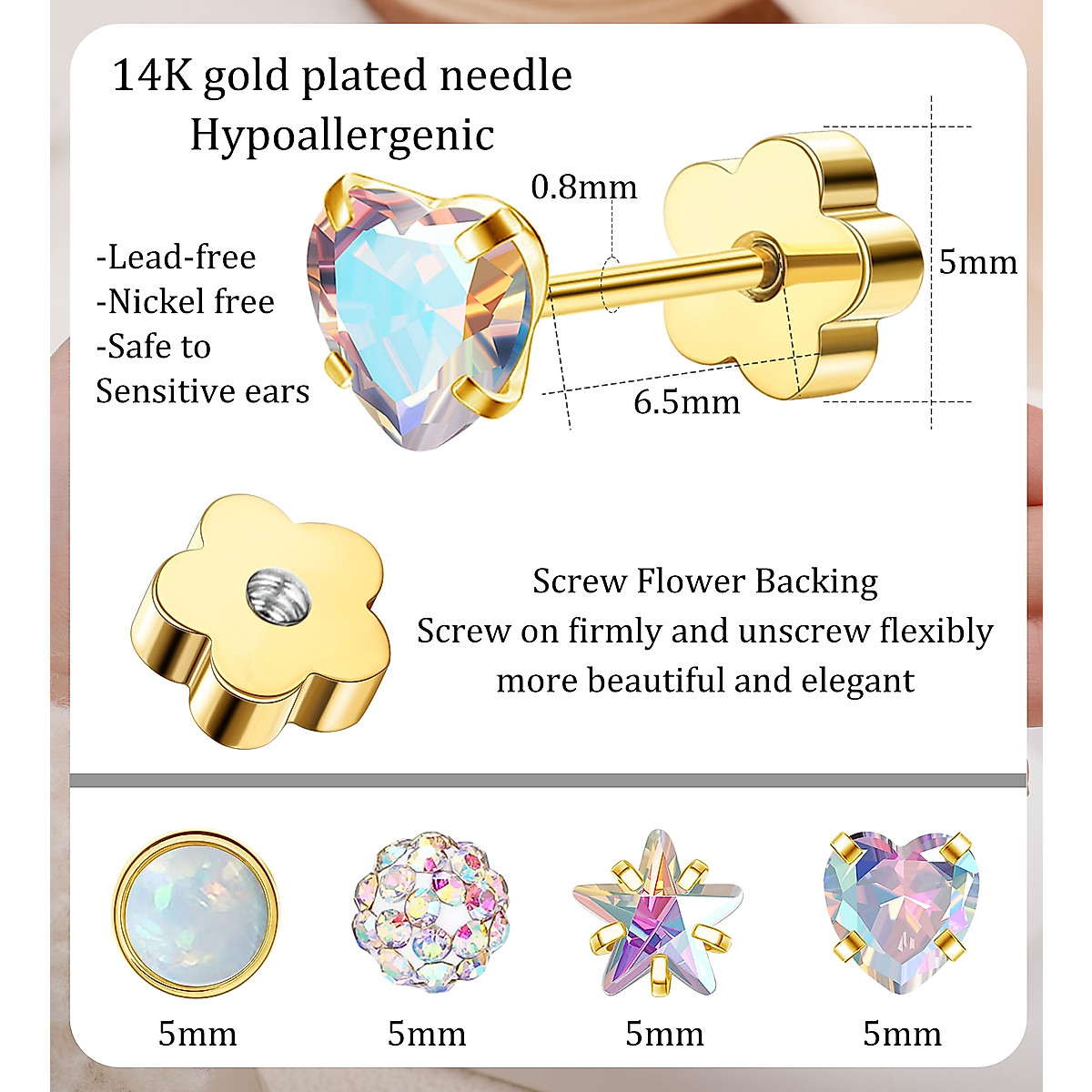 Enticera 4Pairs Hypoallergenic Flat Back Earrings for Women 14K Gold Cartilage Earring for Sensitive Skin Star Heart Opal Screw Back Nap Earrings Gold AB