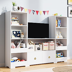 Cozy Castle 4 Tier Book Shelf, 9 Cube Storage Organizer Bookshelf with Drawers, Toy Storage Organizer, Horizontal Bookcase for Living Room, Playroom, White