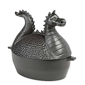 Plow & Hearth Dragon Wood Stove Steamer | Cast Iron | Matte Black | Rust Resistant | Functional Alternative | 2.75 QT Cap | 12.5 L x 7.5 W x 10.75 H