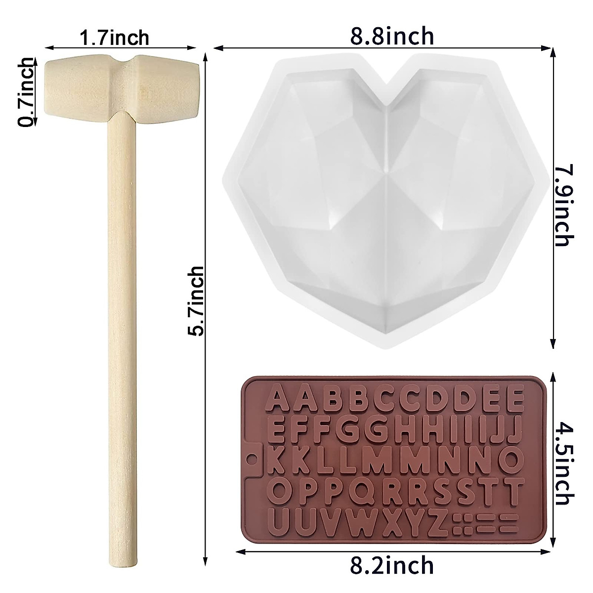 Heart Shaped Chocolate Mold, Diamond Heart Mousse Cake Mold Trays Silicone Chocolate Dessert Baking Pan with 2 Pieces Wooden Hammers and Chocolate Molds