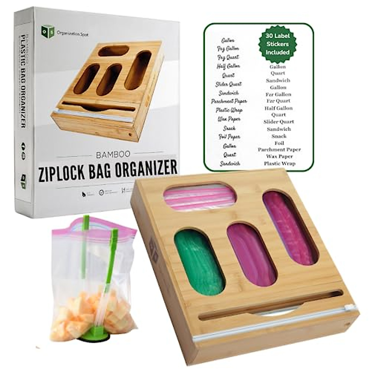 Kitchen Drawer Ziplock Bag Organizer with Foil Wrap Dispenser and Cutter | Bamboo Ziplock Bag Organizer for Drawer | Baggie Organizer Compatible with Snack, Slider, Quart, Gallon, Sandwich Bag Sizes