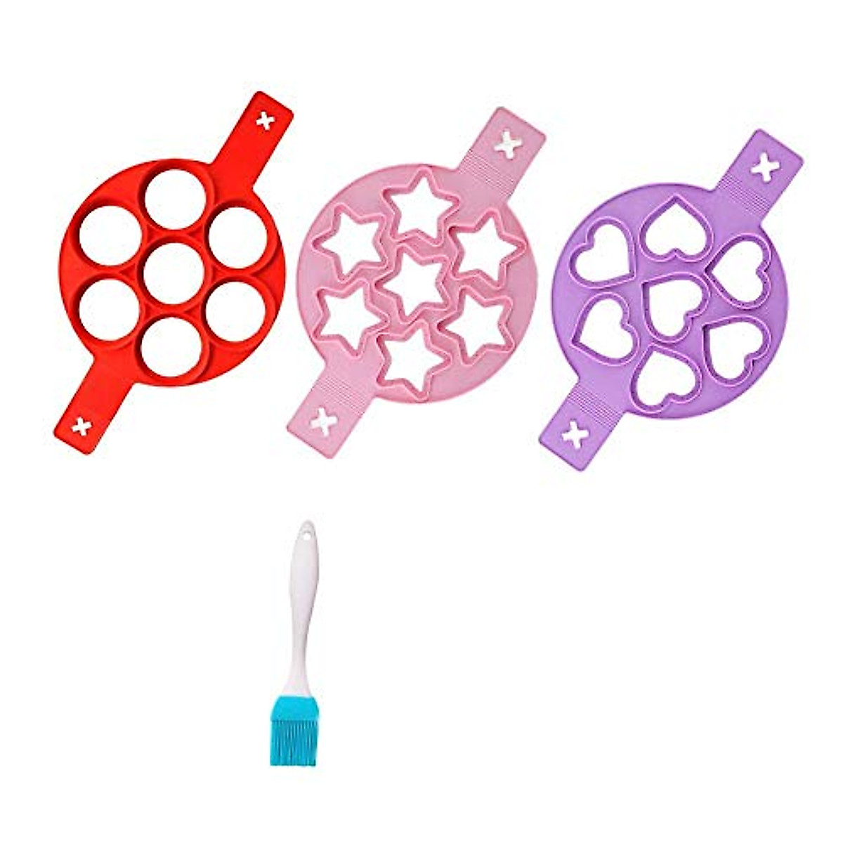3 PCS Pancake Mould Ring Fried Egg Mould Reusable Silicone Nonstick Pancakes Muffin Mold,Heart/Star/Round Shape,Silicone Brush,Measuring Spoons,Saving Time