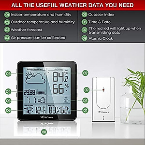 Wittime 2180 Weather Station with Atomic Clock Indoor Outdoor Thermometer Wireless Wireless Temperature and Humidity Monitor Inside Outside with Sensor Battery Powered
