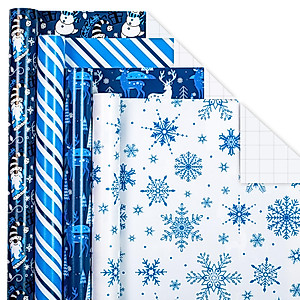 Flyhill Jumbo Christmas Wrapping Paper Bundle with Gridlines-30 In X120 In-4 Roll-Snowmen & Santa Claus & Snowflakes & Reindeer & White Stripes & Tree for New Year,Birthday,Holiday