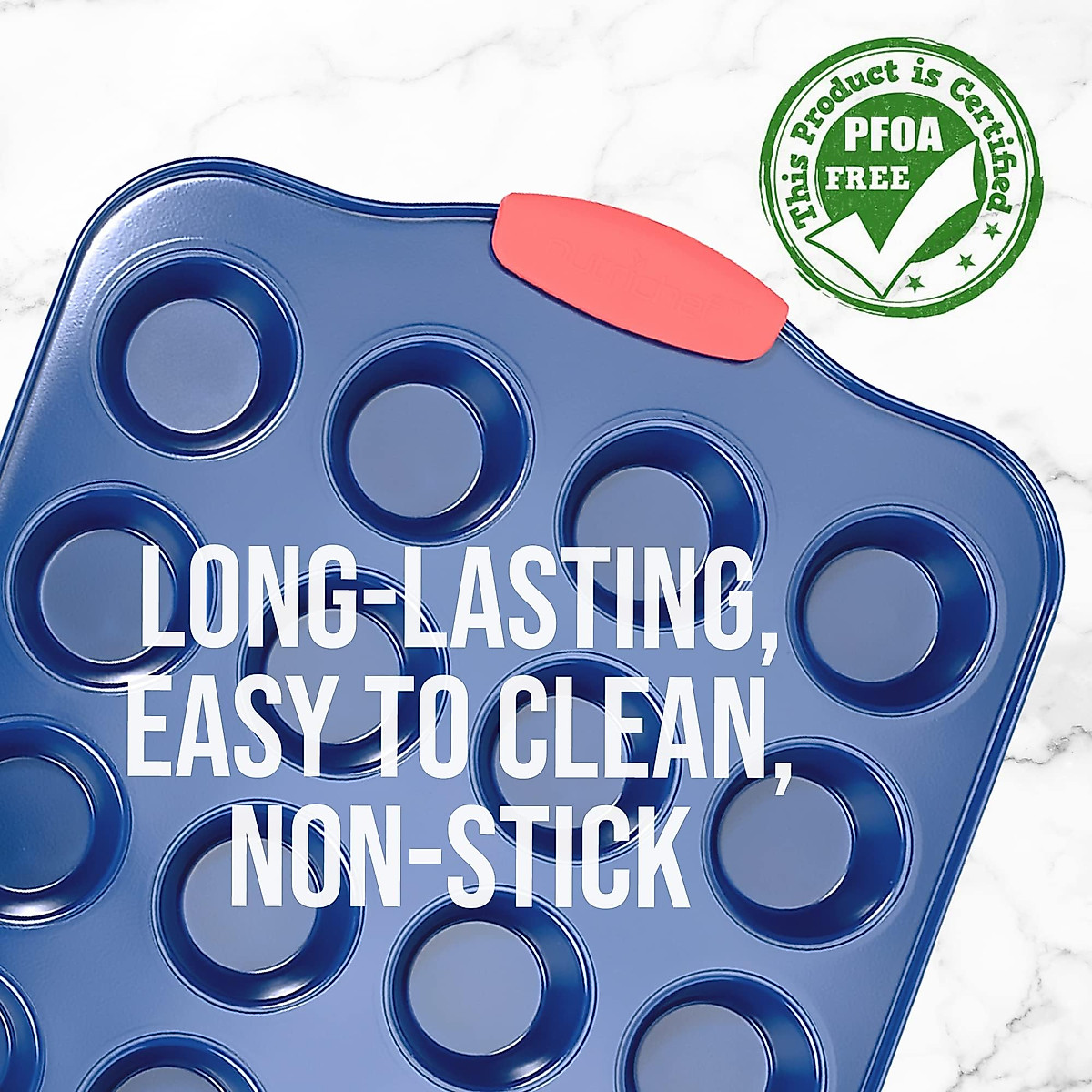 NutriChef 17” Nonstick Mini Muffin Pan - Premium Carbon Steel 24 Cup Baking Tray w/ Red Silicone Handles, Easy to Clean Mini Cupcake Bakewear - Dishwasher Safe, Blue