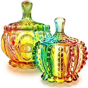 Roshtia 2 Pcs Embossed Candy Jars with Lids Colorful Glass Storage Jar Crystal Jewelry Containers for Wedding Cookies Chocolate Candies, Random Styles