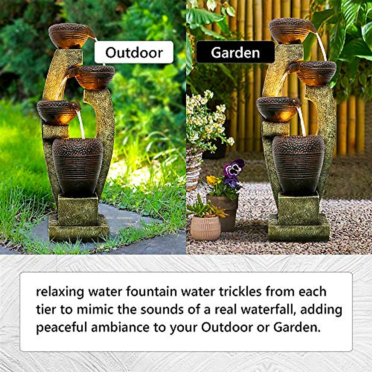 Naturefalls 40” H Modern Outdoor Fountain - 4 Crocks Outdoor Garden Fountains with Contemporary Design&LED Light for Garden, Patio, Deck, Porch, Backyard and Home Art Decor (40inches, Brown and Gray)