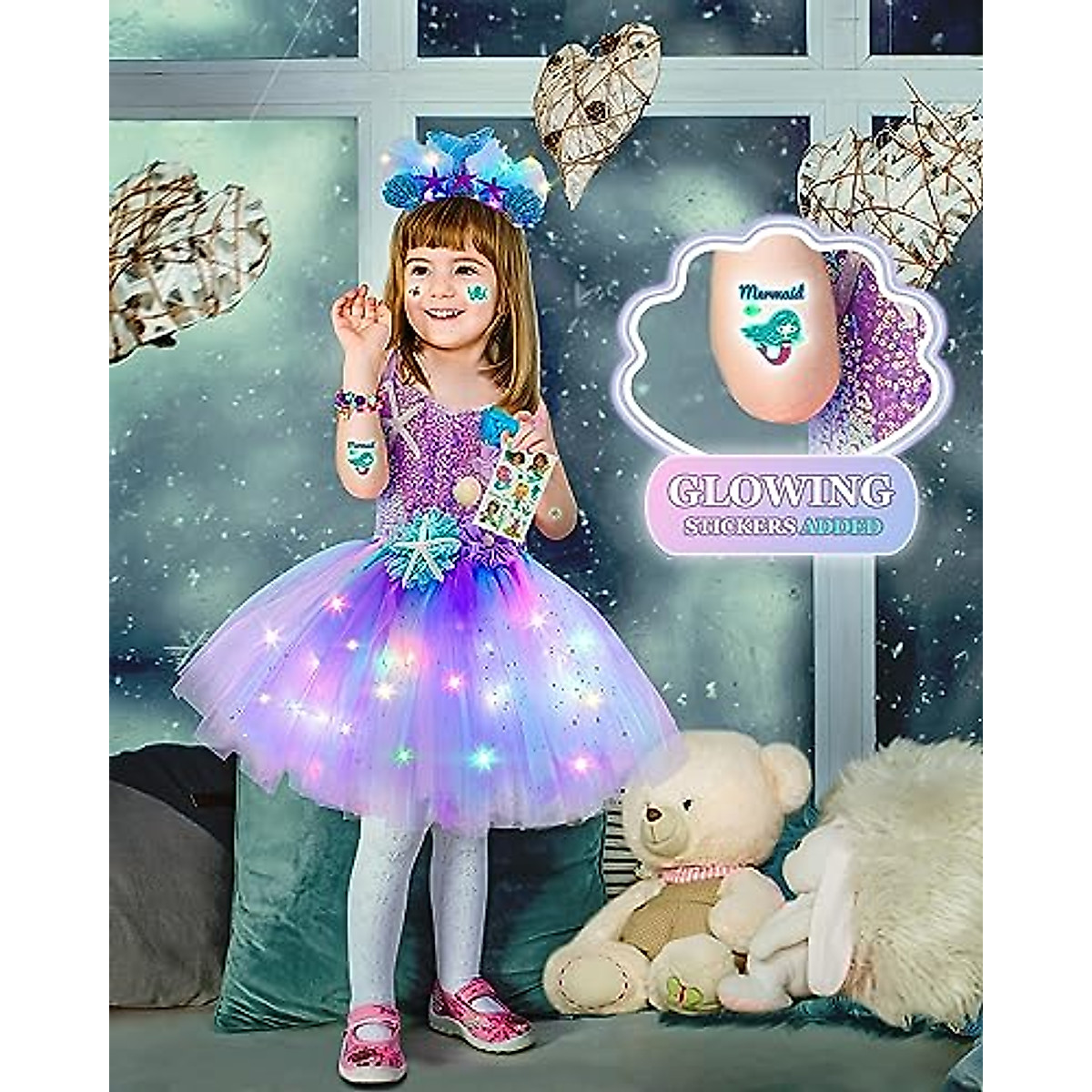 STOPKLAS Girls Dress Up Costume Mermaid Tutu Dress, Colored Led Light Up Mermaid Princess Dress for Halloween Birthday Party