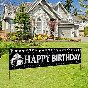 Black White Silver Birthday Banner Decorations for Men Women, Black White Happy Birthday Yard Banner Sign Party Supplies, 16th 18th 21st 30th 40th 50th 60th 70th 80th 90th Birthday Party Decor for Outdoor Indoor