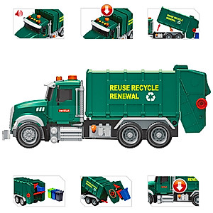 MOBIUS Toys Garbage Truck Toy – Recycling Vehicle for Boys with 3 Garbage Cans + 48 Flash Cards – Push & Go, Lights & Sounds – Multi-Functional Trash Truck w/Moving Parts for Ages 3-8