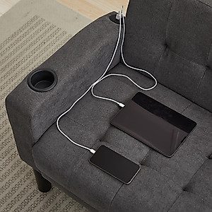 TYBOATLE 62 Inch Linen Upholstered Tufted Mid-Century Modern Loveseat Sofa w/ 2 USB Charger Ports and 2 Cupholders, Small Love Seat Couches for Living Room, Bedroom, Apartment, Dorm (Dark Grey)