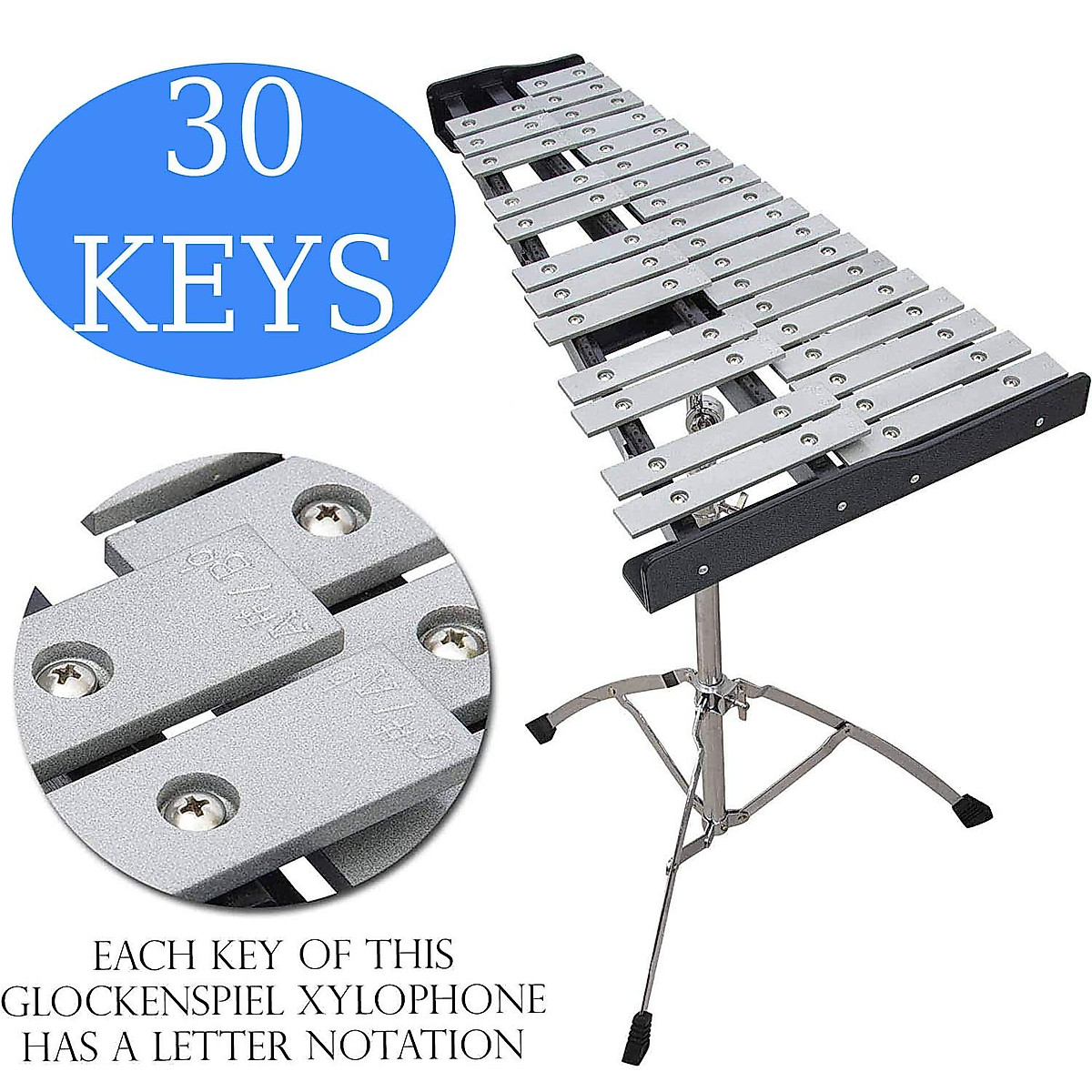 30 Keys Professional Glockenspiel - Metal Bell Kit Xylophone with Stand, Note Holder, Carrying Bag, and 2 Mallets