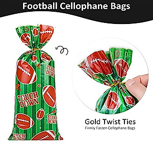 MIMIND 120 Pieces Super Bowl Football Cellophane Bags Super Bowl Heat Sealable Football Field Treat Bags with Gold Twist Ties for Football Party Decors, Sport Party Supplies, Team Gift, 6 Styles