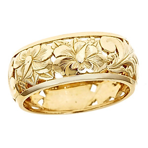 Zero Gravity Hawaii Hawaiian Heirloom Jewelry 14k Yellow Gold Cut Out Hibiscus Dome 8mm Ring (8)