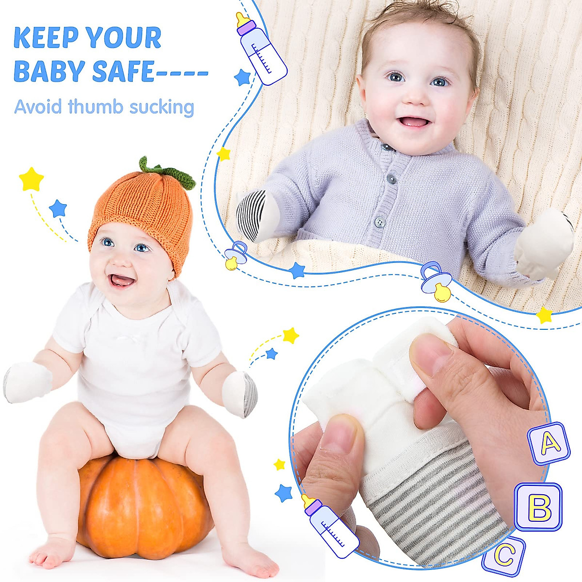 SATINIOR 8 Pairs Adjustable Baby Mittens Baby No Scratch Baby Gloves Newborn Baby Mitts Unisex Baby (Dark Stripe Style,6-12 Months)