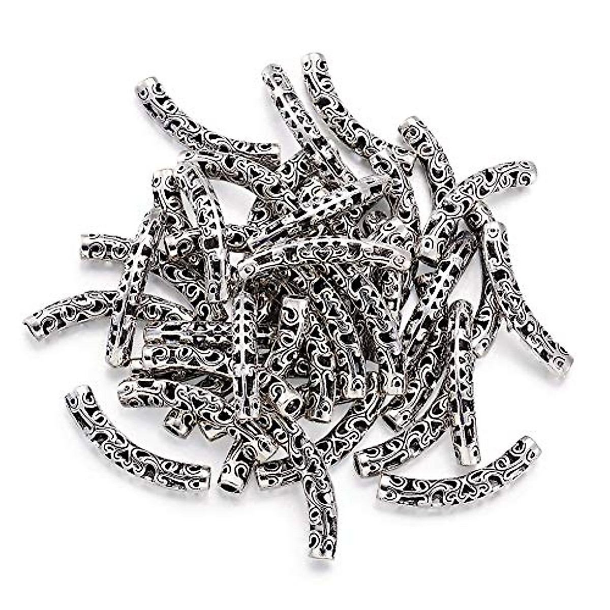KISSITTY 100-Piece Antique Silver 6mm by 36.5mm Filigree Long Curved Noodle Tube Spacer Beads with 3mm Holes