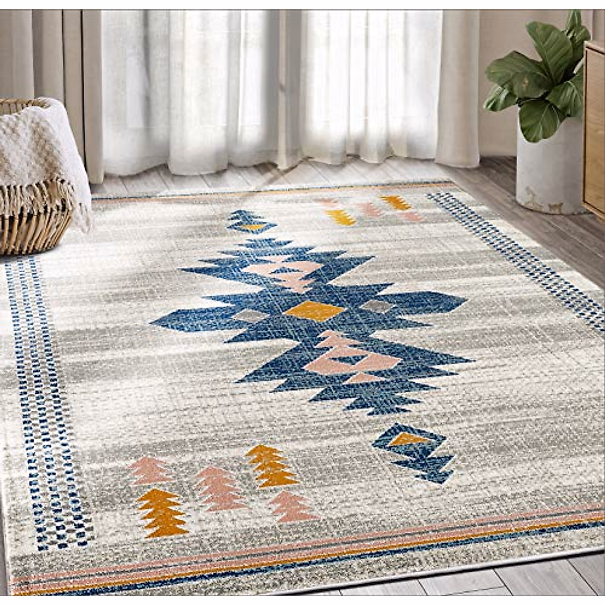 Abani Porto Collection 7'9" x 10'2" Southwestern Area Rug, Rectangular Turkish Beige & Blue Tribal Print Accent Rug Rugs
