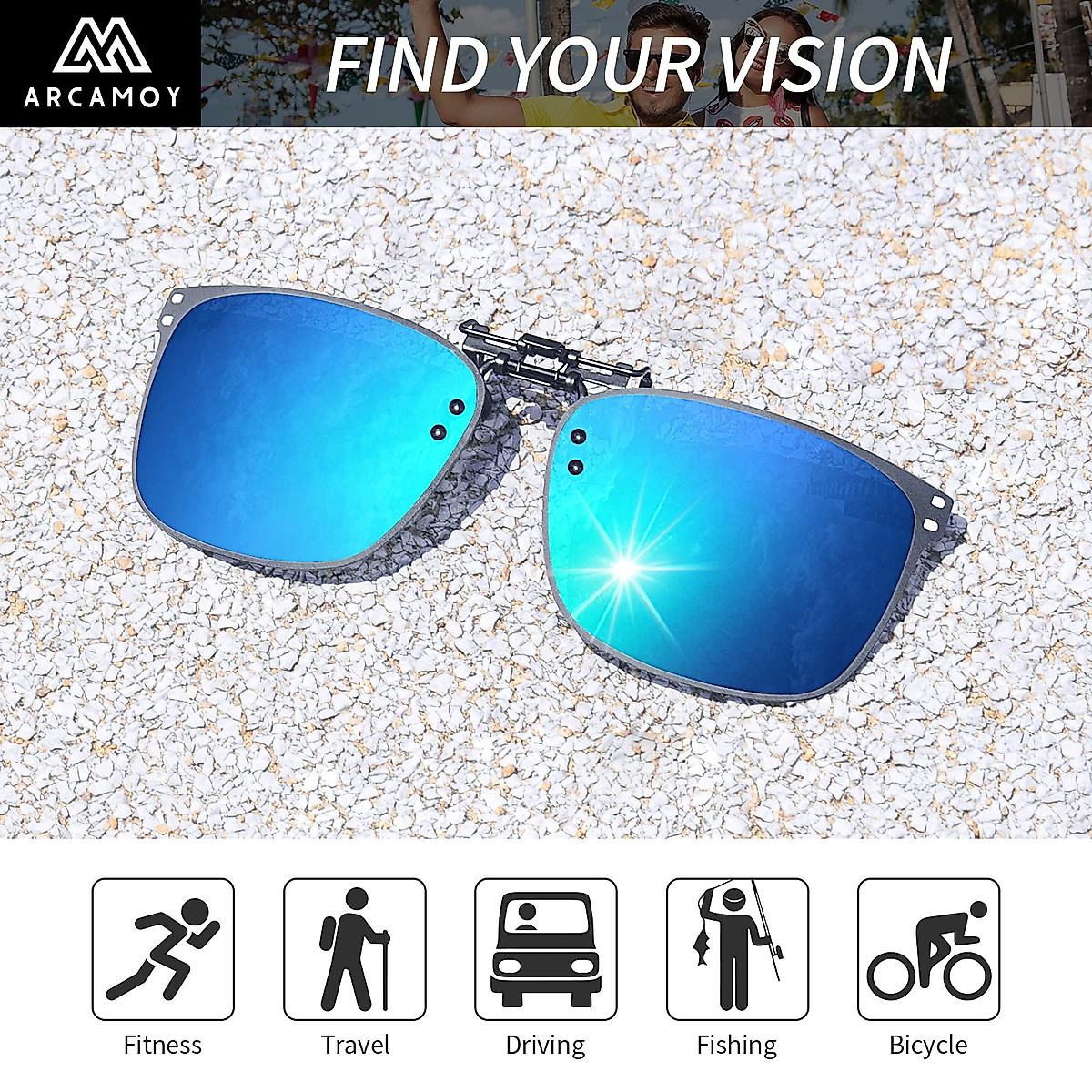ARCAMOY Clip on Sunglasses Over Prescription Glasses Polarized Anti Glare Flip Up UV Protection Glasses For Men Women (Ice Blue)