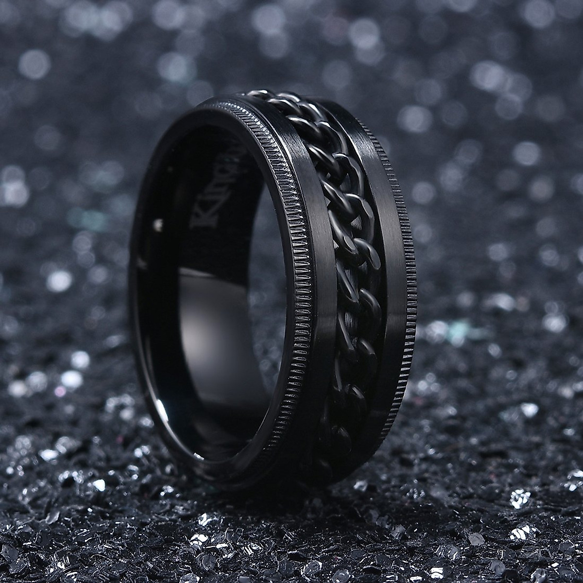 King Will INTERTWINE 8mm Spinner Ring Black Stainless Steel Fidget Ring Anxiety Ring For Men Size 7