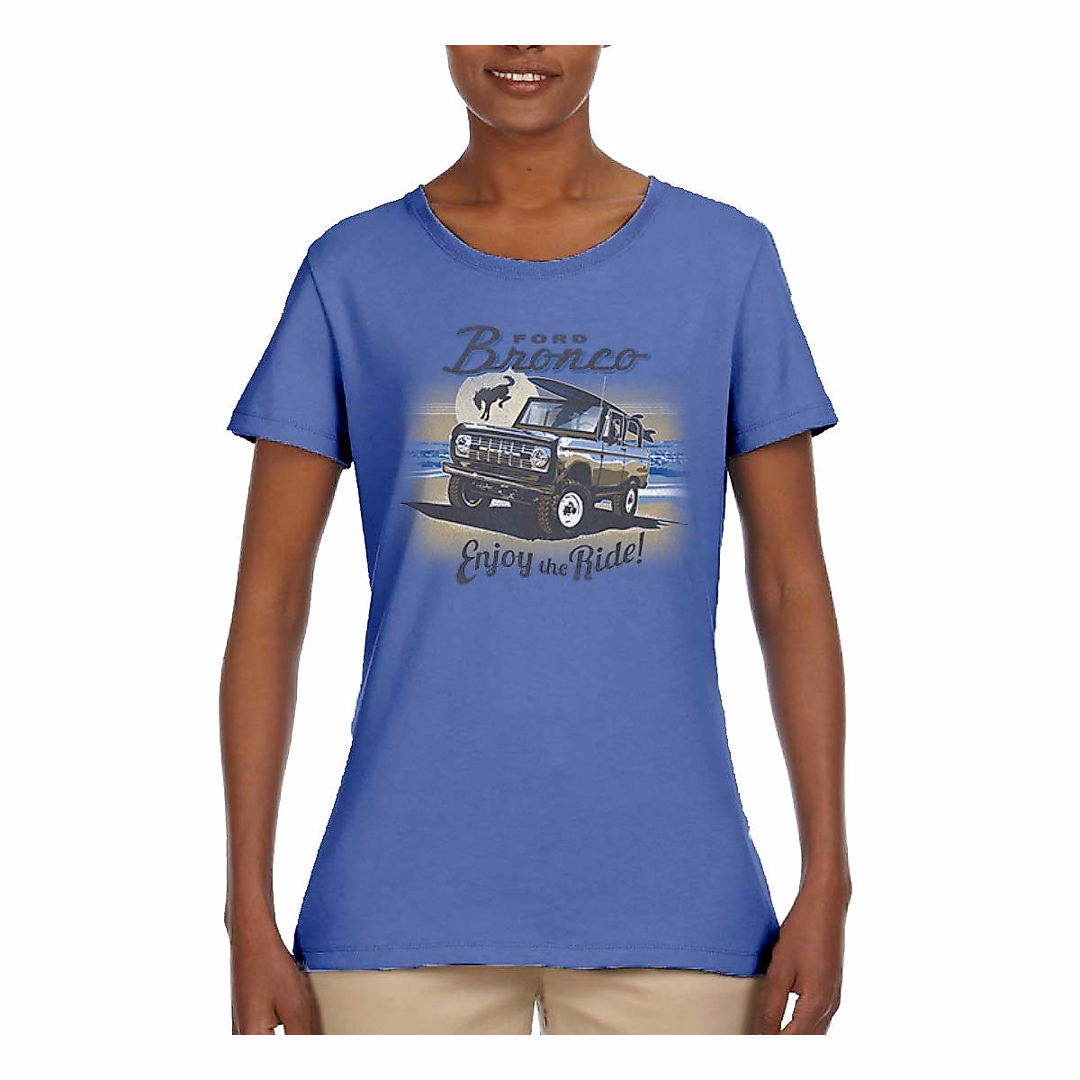 Classic Vintage Ford Bronco Enjoy The Ride Cars and Trucks Womens Graphic T-Shirt, Light Blue, Large