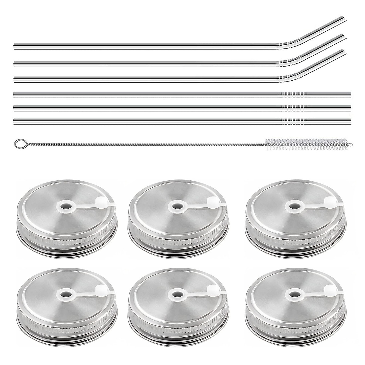 6pcs pack wide mouth mason jar lids with straw hole, including 6pcs straws and 1pcs cleaning brush, Mason Jar Lids With Straw Hole, Mason Jar Lids, stainless steel 304 Mason Jar Straw Lids