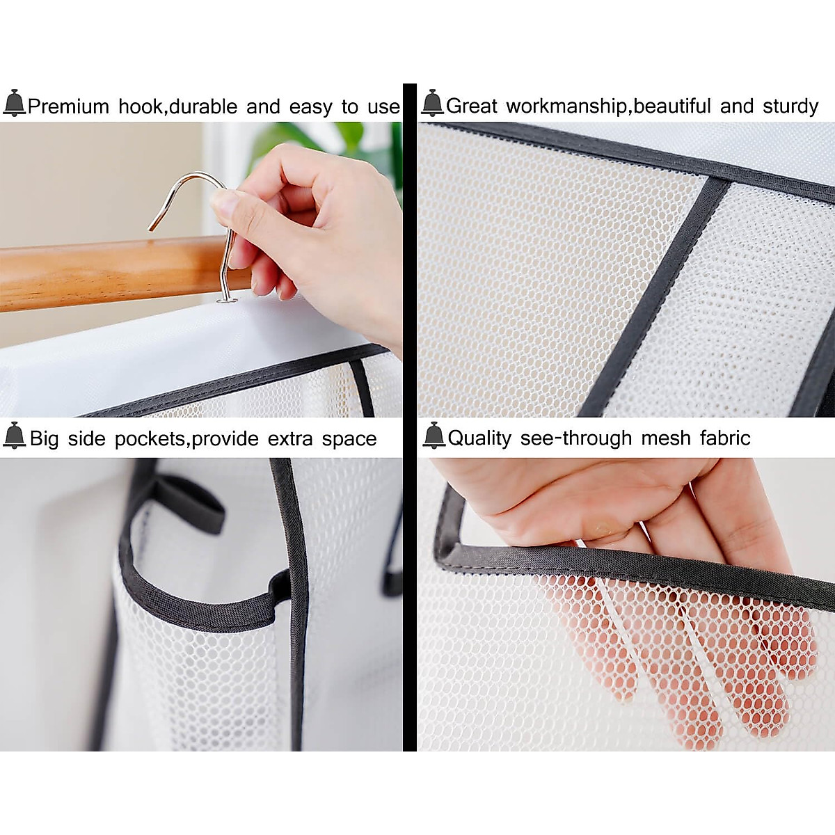 ALYER Clothpin Storage Bag with Hanger,Multipurpose Hanging Shower Basket Holder with a Large Opening (Gray Edge)