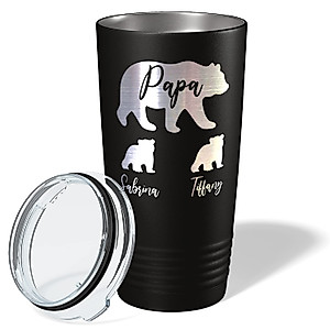 Papa Bear Tumbler Personalized Engraved Cubs on Black Matte 20 oz Custom Insulated Stainless Steel Cup with Lid for Dad Father Gift