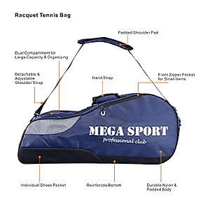 4 Racquet Tennis Bag with Shoe Compartment, Badminton Equipment Bag, Sports Racket Cover Holder Case with Adjustable Shoulder Strap for Tennis, Badminton, Pickleball, Squash, Cricket (Blue)