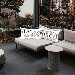 TAJWE Outdoor Pillow Covers Waterproof 12x20 Set of 2 Welcome to Our Porch Stay Awhile Cushion Cases for Patio Furniture Sofa Couch Decor