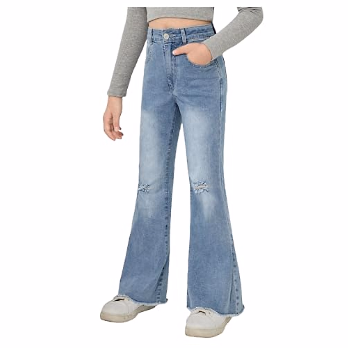Floerns Girls Casual Ripped Frayed Split Hem Flare Bell Bottom Jeans Denim Pants Light Blue