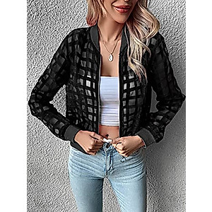 Floerns Women's Hollow Out Long Sleeve Baseball Collar Zip Up Bomber Jacket Black Plaid L