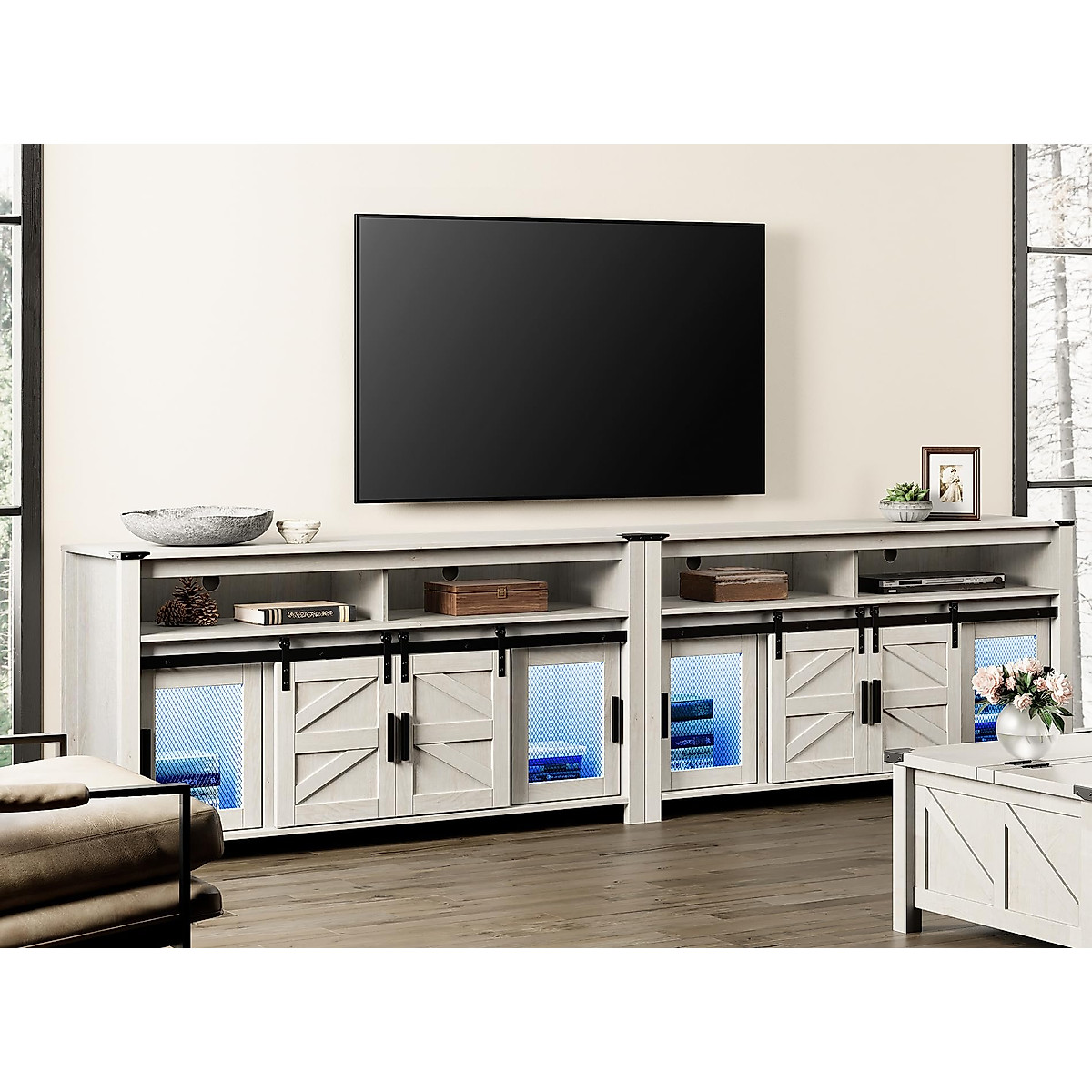 WAMPAT TV Stand for 100+ Inch TVs, Set of 2 Tall Highboy Farmhouse Entertainment Center w/Mesh & Sliding Barn Doors, Extra Wide Wood Media Console w/Adjustable Shelf & Blue LED Lights, Antique White