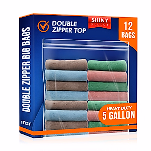 SHINY SELECT [ 12 COUNT ] 5 Gallon Double Zipper Jumbo Bags, 18x24 inches,12 Count Heavy Duty Storage Bag for Clothing, Bedding, Shoes, Pillows, Pet Supplies, Crafts, Books, Magazines, Toys