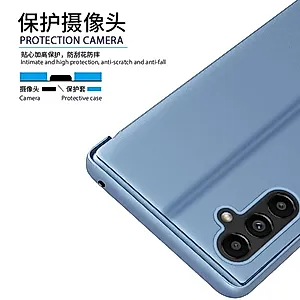 OOPKINS Compatible with Samsung Galaxy A14 5G Case Luxury Bookstyle Clear View Window Electroplate Stand Full Body Protective Flip Folio Slim Cover for Samsung Galaxy A14 5G PU Mirror Blue MX