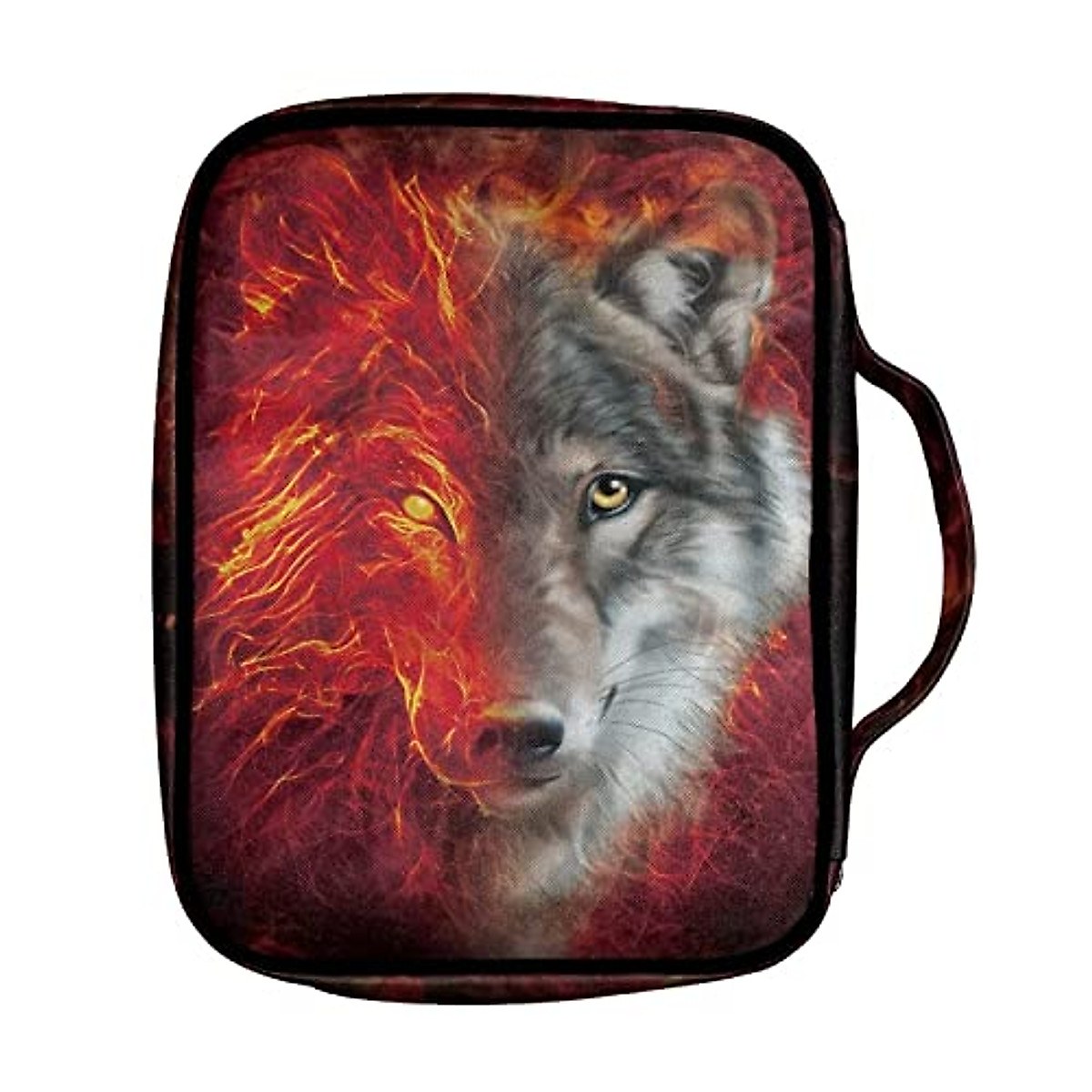 WELLFLYHOM Wolf Flame Bible Cover for Study Bible Carrying Case for Women Book Bags Bible Holder Church Tote Bag with Handle and Zipper Pocket Bible Holder Bible Accessories