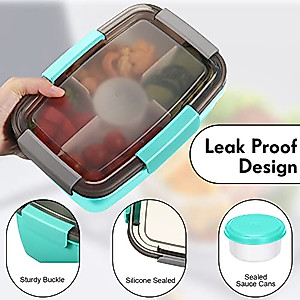 Hotop 3 Packs Salad Lunch Container 68 oz Large Bento Lunch Box Adult Salad Bowl with 5 Compartments Salad Dressings Container Bento Style Tray for Toppings,Blue,Green,Pink